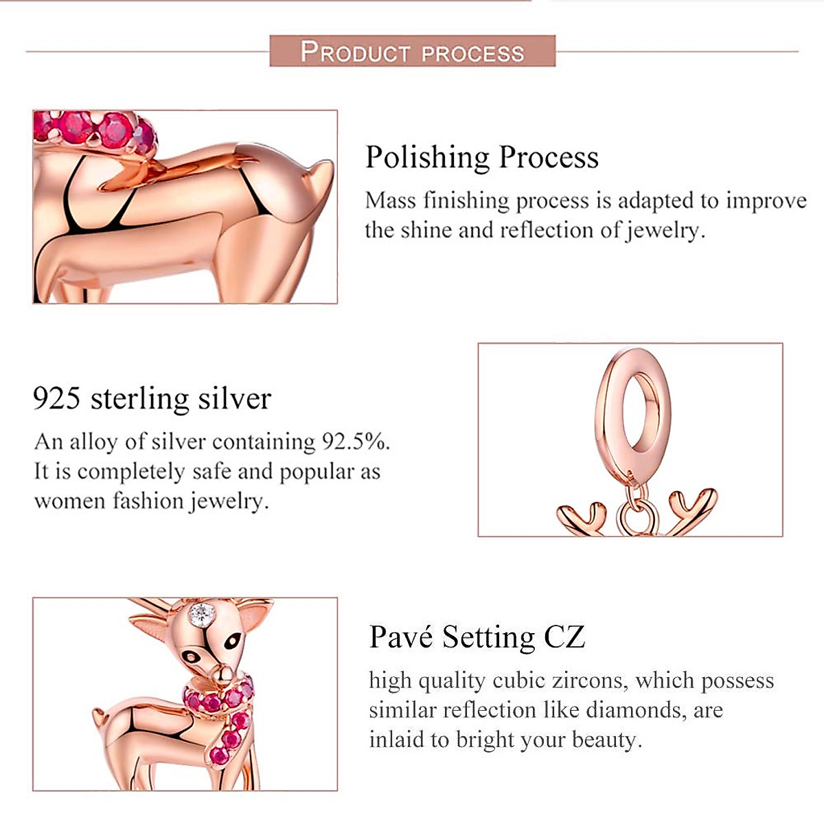 Reindeer Dangle Charm fit for Pandora Charms Bracelets 925 Sterling Silver with Cubic Zirconia Rose Gold Plated Christmas Gift Jewelry for Women and