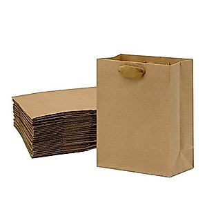 Brown Gift Bags with Handles - 8x4x10 Inch 25 Pack Designer Kraft Shopping Bags in Bulk, Small Gift Wrap Totes with Fabric Handles for Boutiques, Small Business, Retail Stores, Merchandise, Birthdays