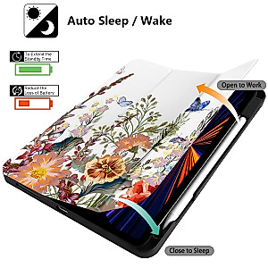DONGKE Floral Design Case for iPad Pro 12.9 inch 6th, 5th, 4th, 3rd Gen with Pencil Holder, Auto Wake/Sleep, and Stand
