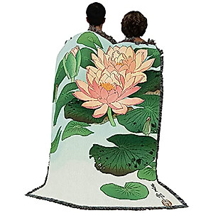 Pure Country Weavers Water Lily Blanket by Ohara Koson - Fine Art Gift Tapestry Throw Woven from Cotton - Made in The USA (72x54)