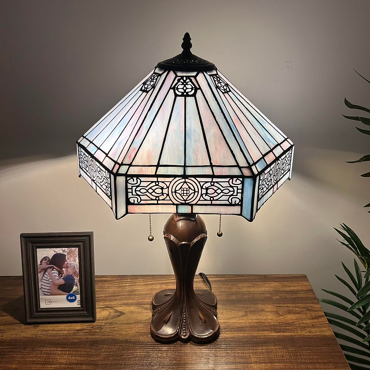 enjoy decor lamps Tiffany Table Lamp Blue Pink Stained Glass Hexagon LED Bulbs Included for Living Room Bedroom Bedside 16" W*16" D*24" H