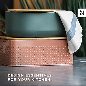 LARS NYSØM Bread Box I Metal bread box with linen bread bag for long lasting freshness I Bread box with bamboo lid usable as cutting board I 14.2x7.5x5.1 In (Greige)