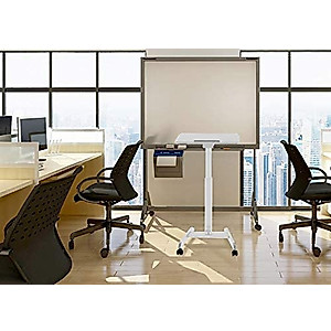 Stand Steady Multifunctional Mobile Podium Desk | Portable Sit to Stand Lectern with Pneumatic Height Adjustment & Tilting Desktop | Rolling Laptop Stand | Mobile Desk for School, Home, Office (White)