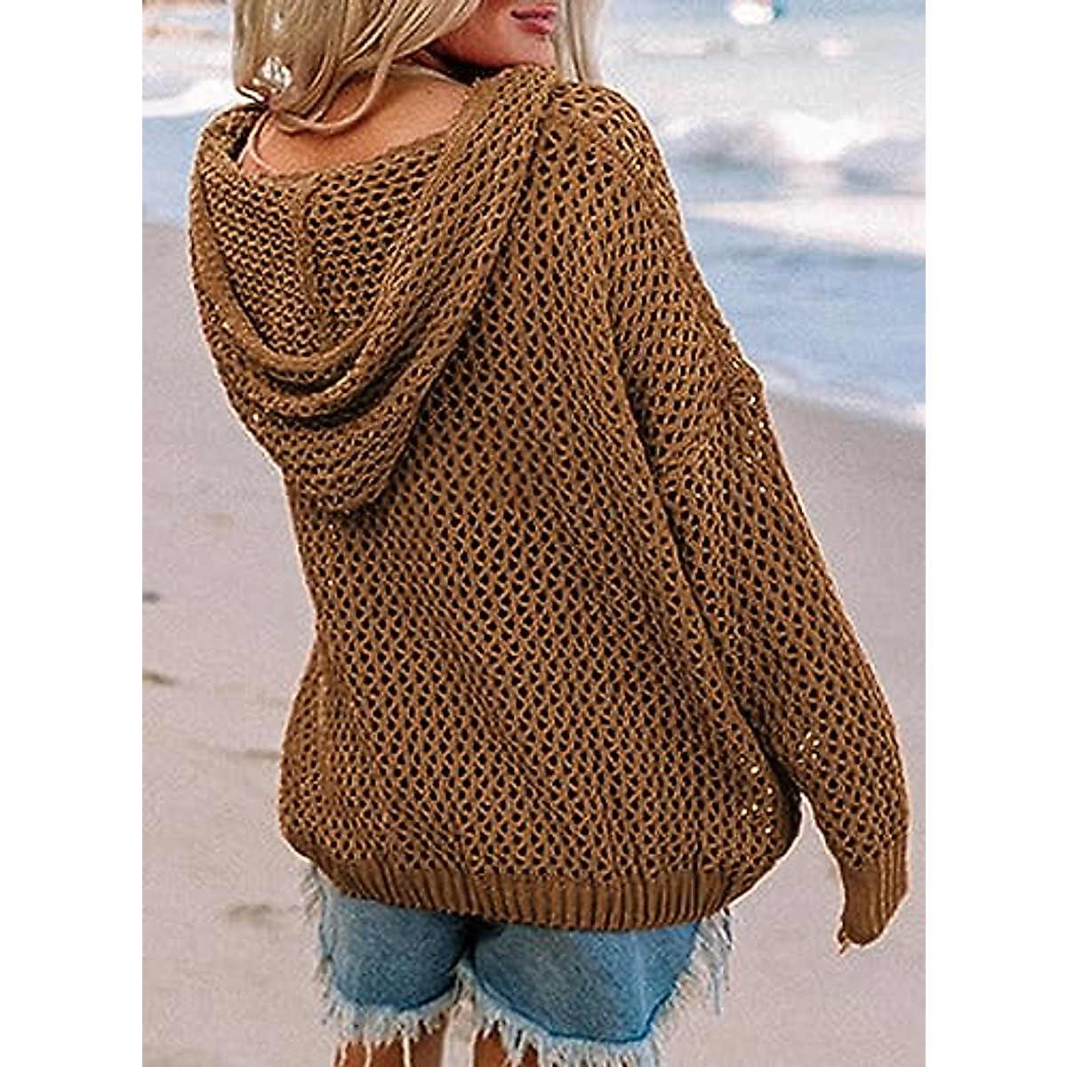 EVALESS Fall Sweaters for Women 2023 Long Sleeve Cover Ups for Swimwear Women Knitted Hollow Out Sweater V Neck Drawstring Chunky Cutout Sweater Crochet Hoodie Pullover Khaki M