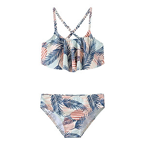 Moon Tree Big Girls Two Piece Swimsuits Brown Leaves Bikini Sets Adjustable Strap Bathing Suits Size 16/7-16