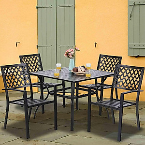 PHI VILLA 5 Piece Metal Patio Dining Set, Outdoor Furniture Set with 4 Stackable Chairs and 37" Square Dining Table - Umbrella Hole 1.57"