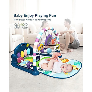 dearlomum Baby Play Mat Baby Gym,Funny Play Piano Tummy Time Baby Activity Mat with 5 Infant Sensory Baby Toys, Music and Lights Boy & Girl Gifts for Newborn Baby 0 to 3 6 9 12 Months（New Blue）