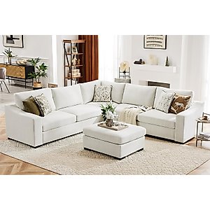 ABCASA 112" L Shaped Sectional Sofa with Detachable Sofa Cover, Movable Ottoman, Reversible Sectional Modular Couch for Living Room, Linen Fabric Corner Couch with 7 Seats, Ivory