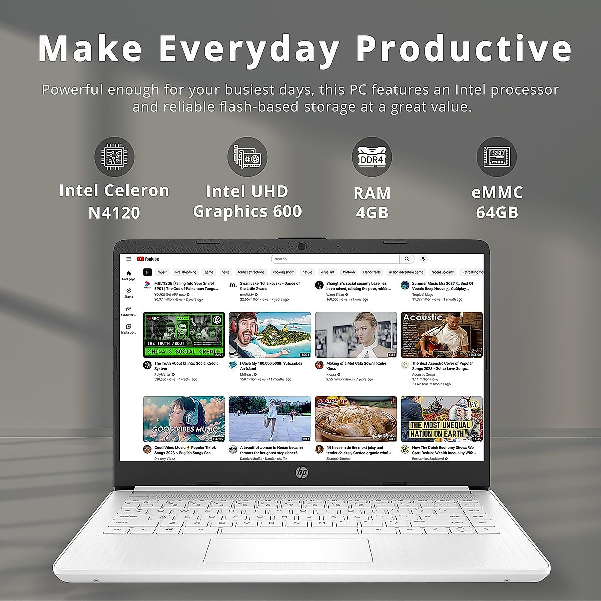 HP Premium 14" Stream HD Laptop, Intel Celeron N4120 CPU, 4GB RAM, 64GB eMMC, Webcam, Intel UHD Graphics, 1 Year Office, Bluetooth, WiFi, HDMI, Windows 11s, White, 32GB Hotface USB Card (Renewed)