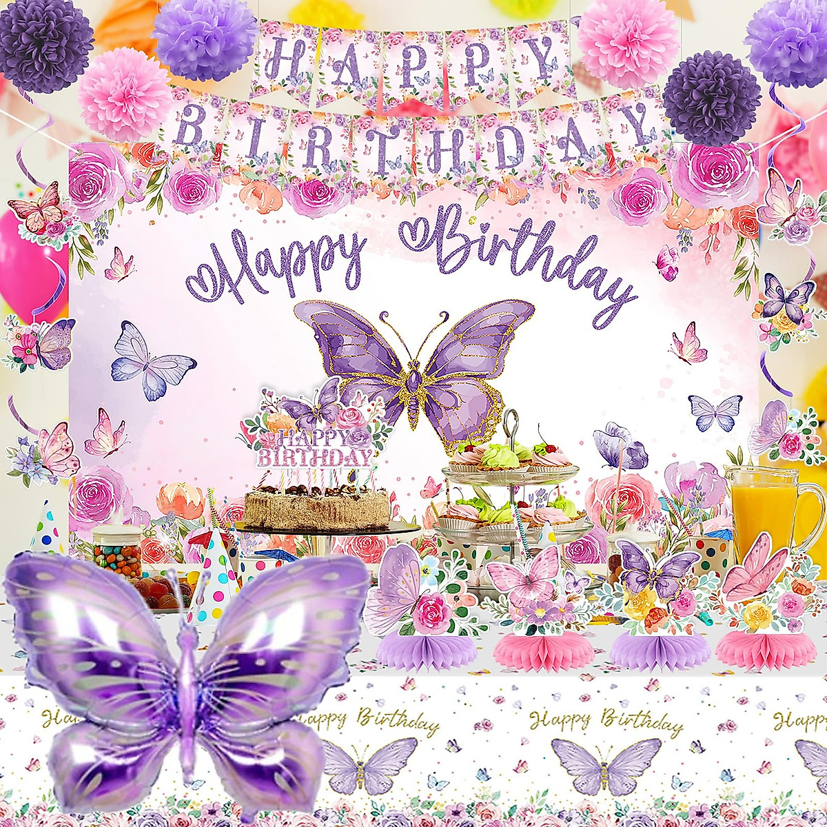 Roetyce Butterfly Birthday Decorations, 37PCS Butterfly Happy Birthday Banner Balloons Honeycomb Centerpieces Cake Topper Kit, Purple and Pink Birthday Party Decorations for Girls Women