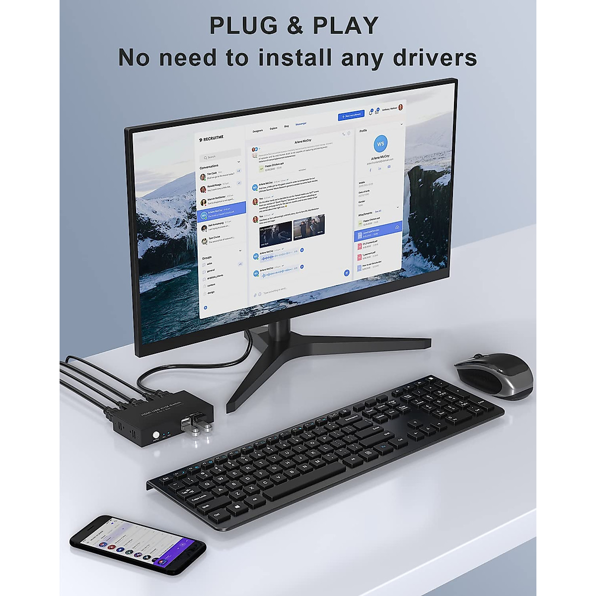 Rybozen KVM Switch HDMI 2 Port Box,USB Switch selector with 4 USB 2.0 Hub Share 2 Computers, UHD 4K@30Hz, Support Wireless Keyboard and Mouse, Powered by USB,with 2 HDMI and 2 USB Cables