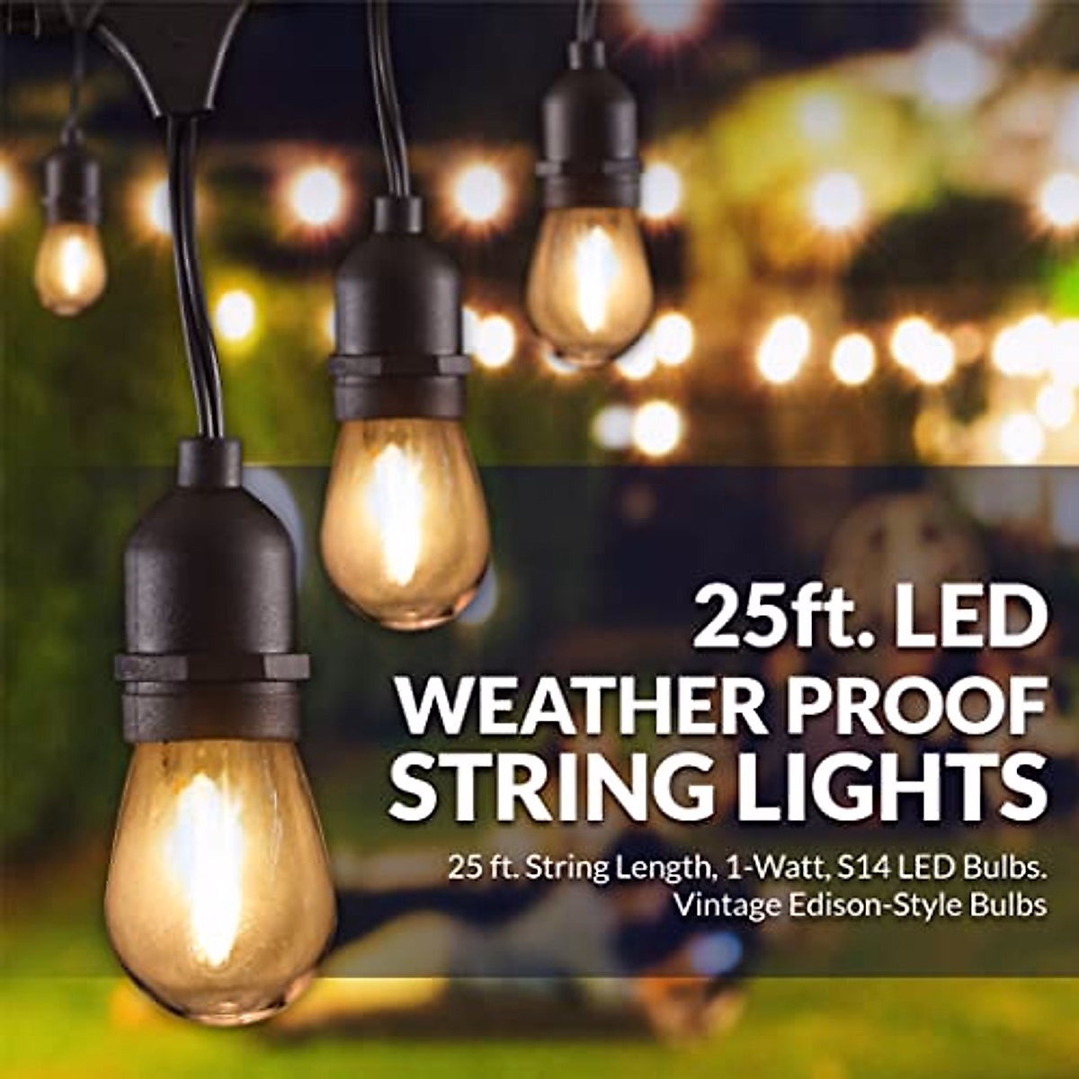 Newhouse Lighting Outdoor String Lights with Hanging Sockets | Weatherproof Technology | LED | Heavy Duty 25-Foot Cord | 9 LED Filament Lights Bulbs Included (1 Free Replacement!)