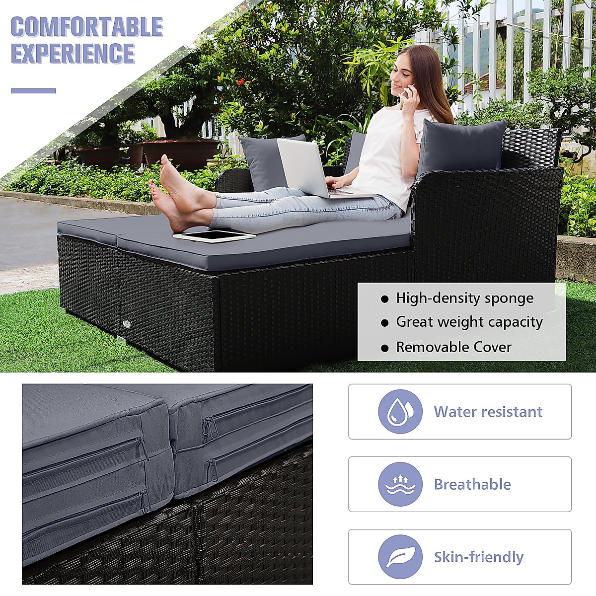 RELAX4LIFE Rattan Patio Outdoor Daybed, Wicker 2-Person Sunbed Loveseat with Soft Cushions, 4 Pillows, Curved Backrest & Armrest, Double Bed Lounger Sofa Set for Balcony Porch, Patio Bed (Grey)