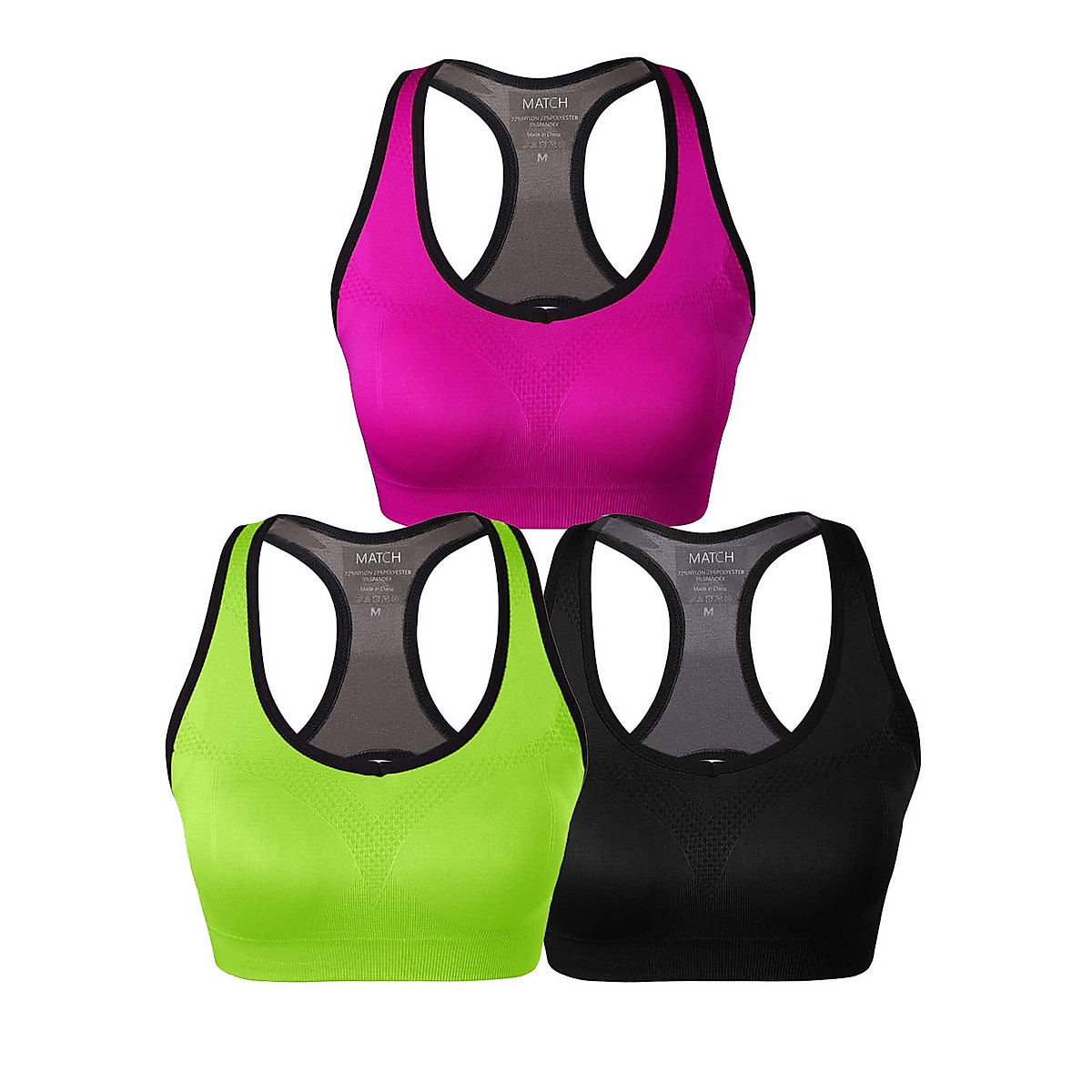 Match Racerback Sports Bras for Women – Padded Seamless Strappy Workout Tops for Yoga Gym Runing Fitness Sports Bras (1 Pack of 3(Black-Green-Plum), Small)