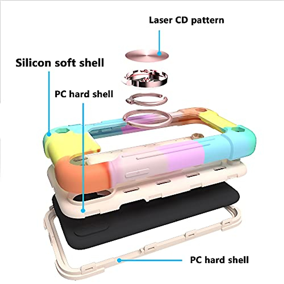 Cookiver for iPhone X/iPhone Xs Case 5.8 Inch with Ring Stand, with 2 Pack Glass Screen Protector,Heavy-Duty Shockproof Rugged Military Grade Cover with Magnetic Car Mount (Rainbow Pink)