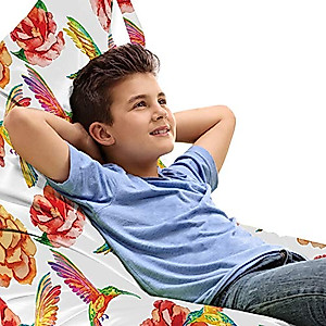 Lunarable Hummingbird Lounger Chair Bag, Hand Drawn Watercolor Illustration with Blooming Flowers Tropical, High Capacity Storage with Handle Container, Lounger Size, Orange Vermilion Green