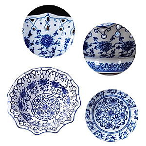 Fruit Bowl Fruit Serving Plate Blue and White Porcelain Decoration Bowl with Foot for Living Dining Drawing Room, 24cm (Blue&White-with foot)