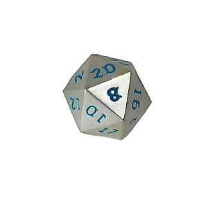 Druid Forge 35mm d20 Dragon Egg dice - Moonlight Blue - Brushed Silver with Bright Blue Numbers