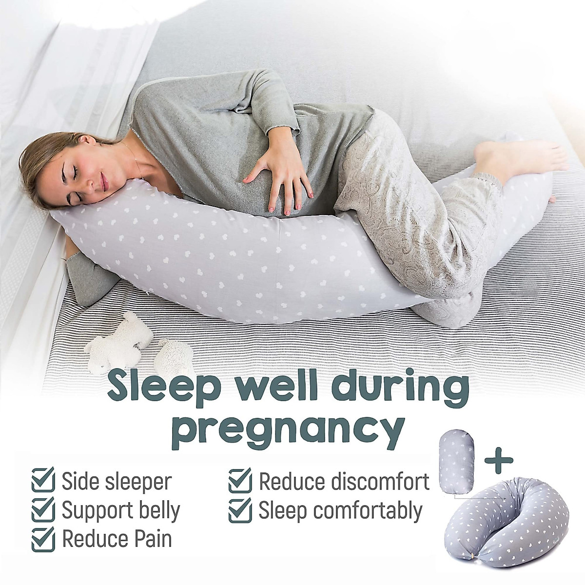 Bamibi® Pregnancy Pillow - Full Body Support Maternity Pillow for Sleeping – Providing Support for Adults and Pregnant Women Back, HIPS, Legs & Belly - Removable 100% Cotton Cover (Gray Hearts)
