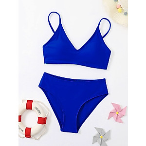 Romwe Girl's 2 Piece Swimsuit Sport Solid High Waist Bikini Set Bathing Suit Blue Solid Plain 160
