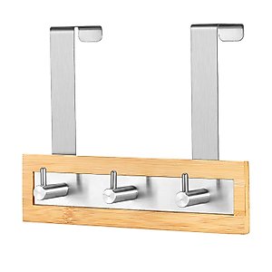 ToiletTree Products Bamboo Stainless Steel Over-The-Door Towel Hooks - Durable Coat, Clothes, and Towel Rack to Use in The Bathroom, Laundry Room, and Closet - 3 Hooks