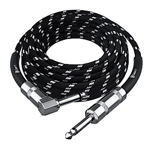 GearIT Audio Instrument Cable (20ft) Right Angle to Straight 1/4 Inch Male to Male for AMP Cord, Base and Electric Guitar - Black/White