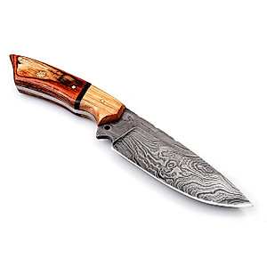 Damascus Knives for Hunting Skinning - Fixed Blade Hunting Knife with Sheath - Damascus Steel Knife with Wood Handle - 9 Inches Handmade Skinner Camping Knife.