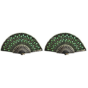 RAZZUM 2 Pcs Handmade Sequins Peacock Dancing Fans Foldable Fan Sequin Fan Hand Fans for Women Peacock Fan Folding Fan Spanish Hand Fan Flower Folding Fan Summer Handheld Fan Silk Fan Fan