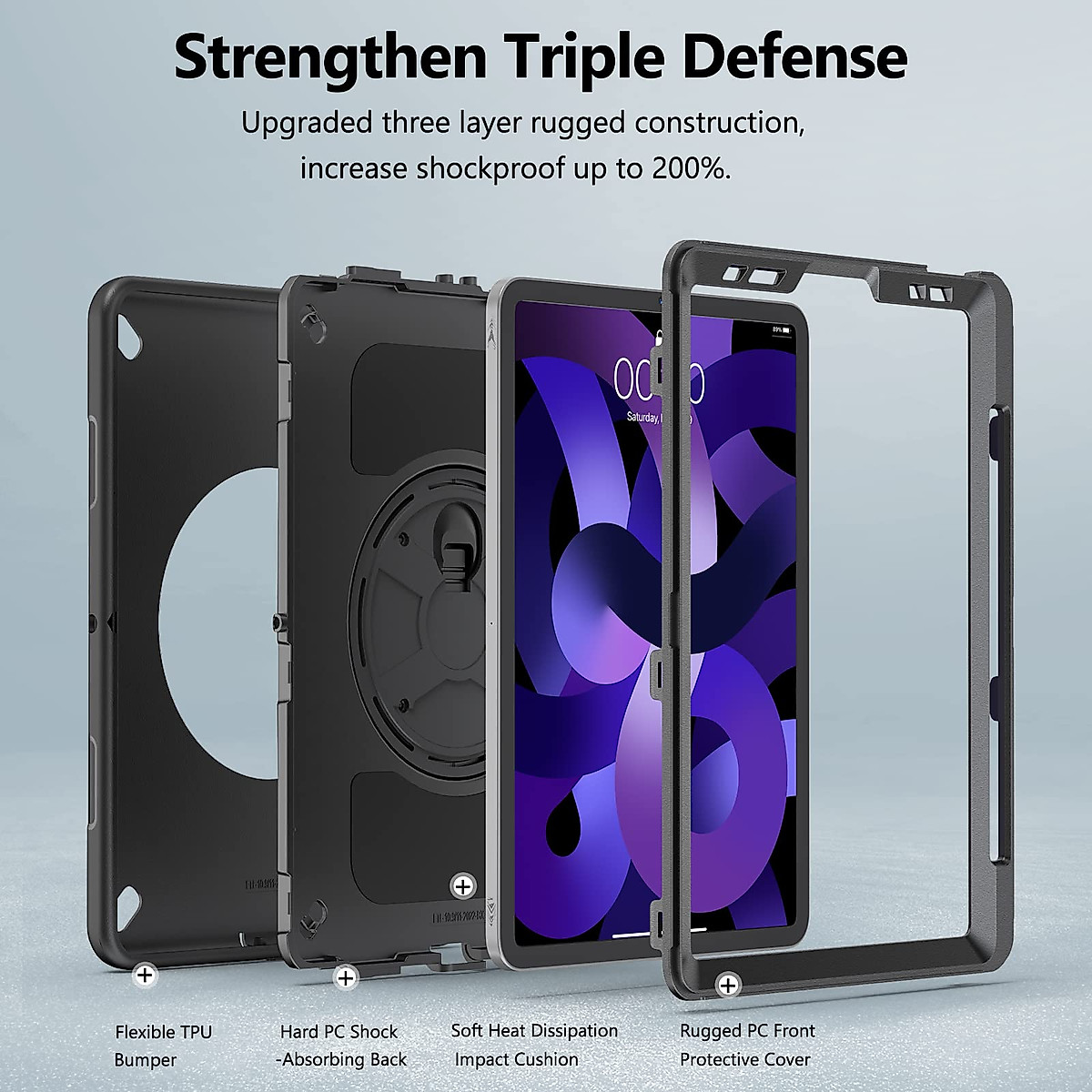 Miesherk Case for iPad Air 5th Generation Case: Compatible with iPad Air 5 Case 2022 Heavy Duty Shockproof Protective Cover-Pencil Holder-Rotating Stand-Hand/Shoulder Strap for iPad 10.9 2020 Black