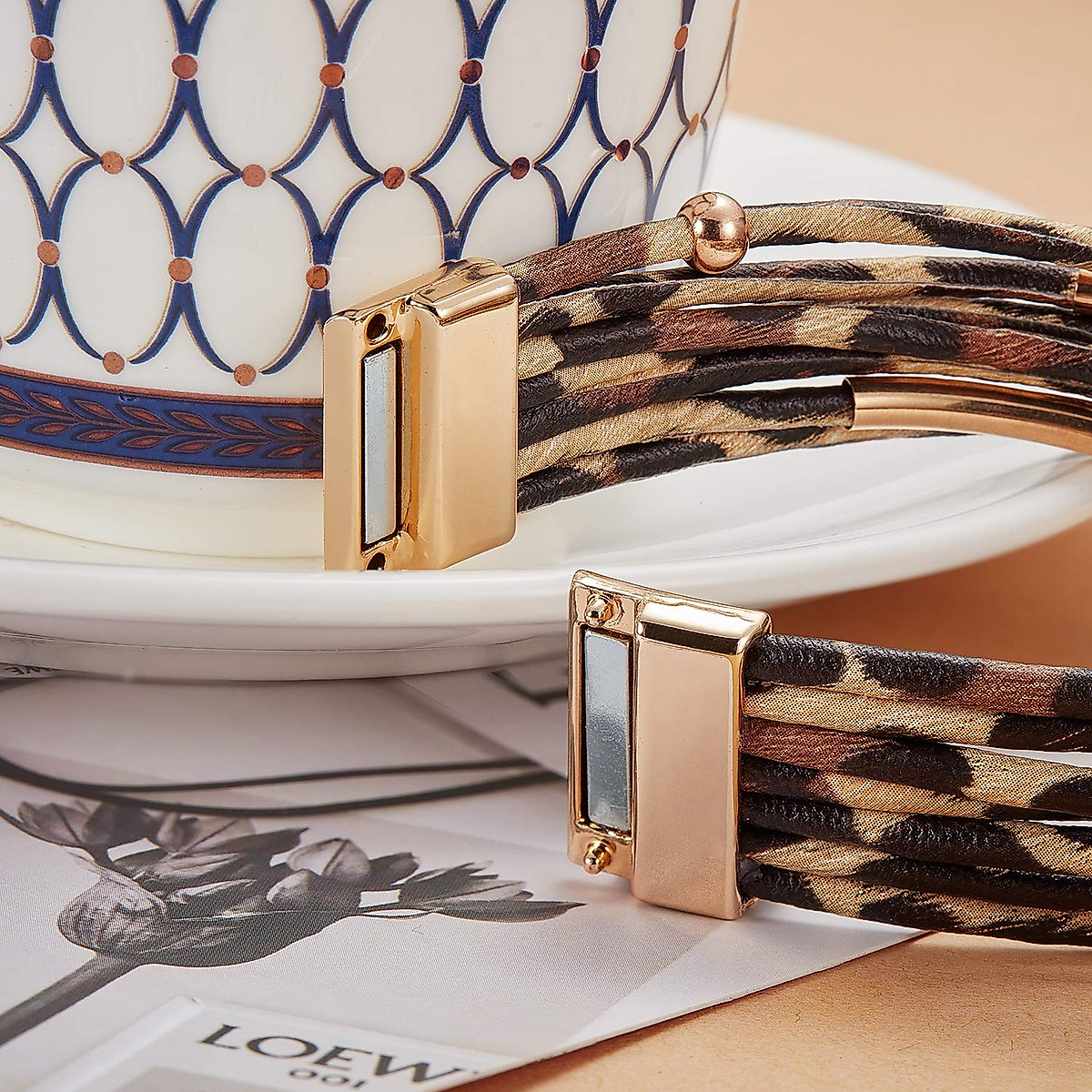 Hicarer Leopard Bracelets and Earrings Cheetah Bracelets Tortoise Shell Earrings Multilayer Leather Wrap Bracelets Large Wrists Boho Accessories