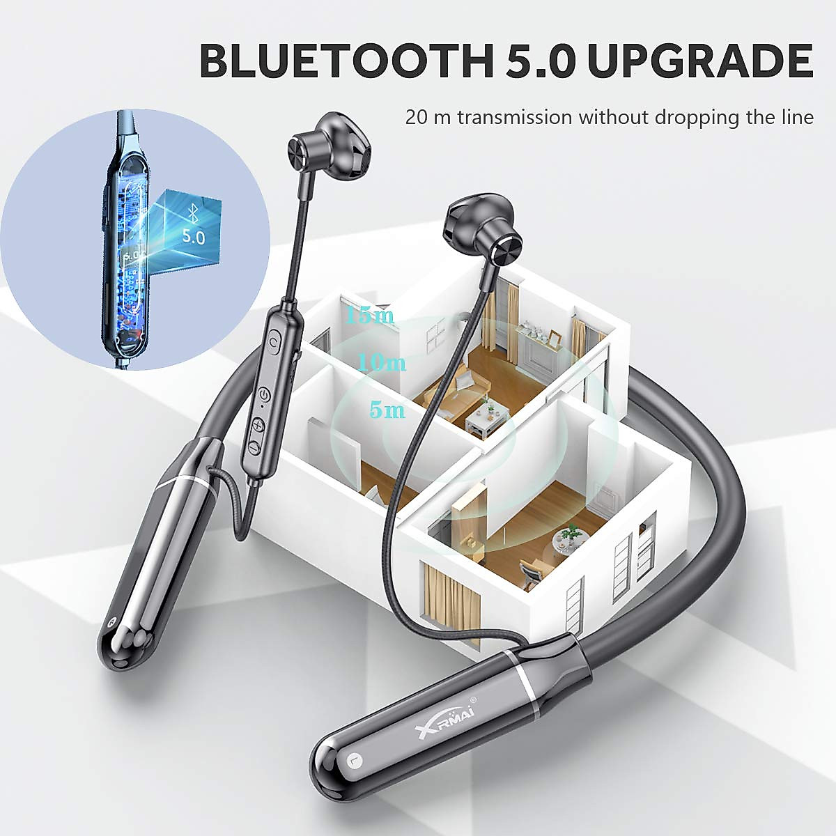 Bluetooth Headphones Neckband,100 Hours Long Battery Life,Built-in Noise Cancelling Microphone,Wireless Neckband Headset for Sports Behind Neck Headphones Stereo for Android Waterproof Neck Headset