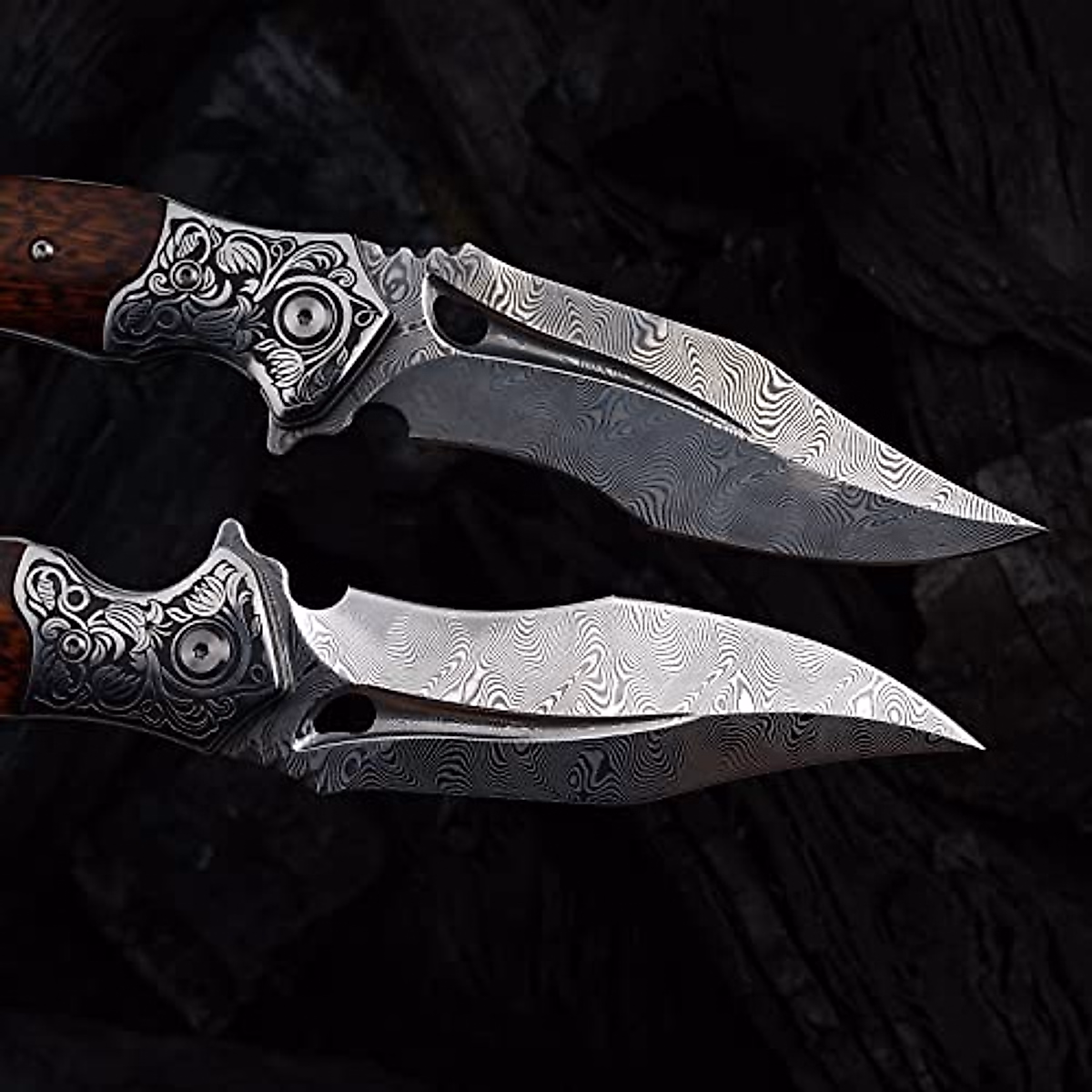 SPIRIT DEED Japanese VG 10 Damascus Steel Folding Knife, Outdoor Wilderness Survival Pocket Knife, Snake Wood Handle Lined Lock, Leather Sheath, EDC Pocket Knife