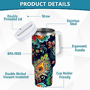 xigua 30 oz Paisley Flower Tumbler with Handle and Straw Lid, Stainless Steel Vacuum Insulated Sports Water Bottle, Keeps Cold or Hot Coffee Cup Travel Mug