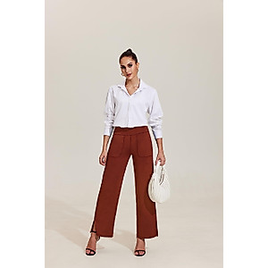 PINSPARK Womens Wide Leg Pants Cross High Waist High Stretch Dress Pants with 2 Pockets Elegant Side Slit for Yoga Casual Work WineRed