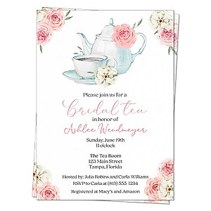 Bridal Shower Invitations Wedding Tea Party Invites Pink English British High Tea Cup Floral Flowers Cake Cookies Brunch Luncheon Customized Printed Cards (12 Count)