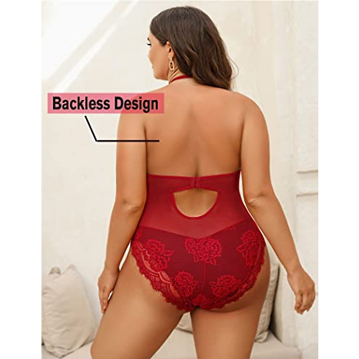 Avidlove Plus Size Lingerie for Women Snap Crotch Lace Bodysuit Teddy Lingerie One Piece Babydoll Nightgown Wine Red