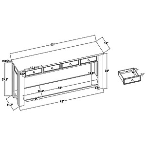 KLIECH 63" Pine Wood Console, Sofa 4 Drawers and 1 Bottom Shelf,Narrow Long Table for Living Room Entryway Hallway Bedroom,Antique White+ Brown Top