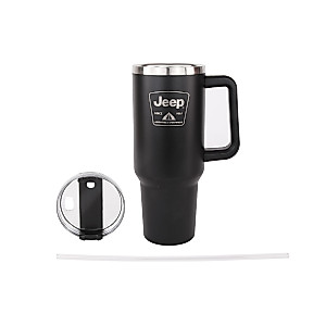 Jeep Adventure is Everywhere Since 1941 Tent Badge Logo 40 oz Insulated Travel Mug Tumbler with Handle | Double Wall Vacuum Sealed Stainless Steel Cup w/Straw and Lid (Black)