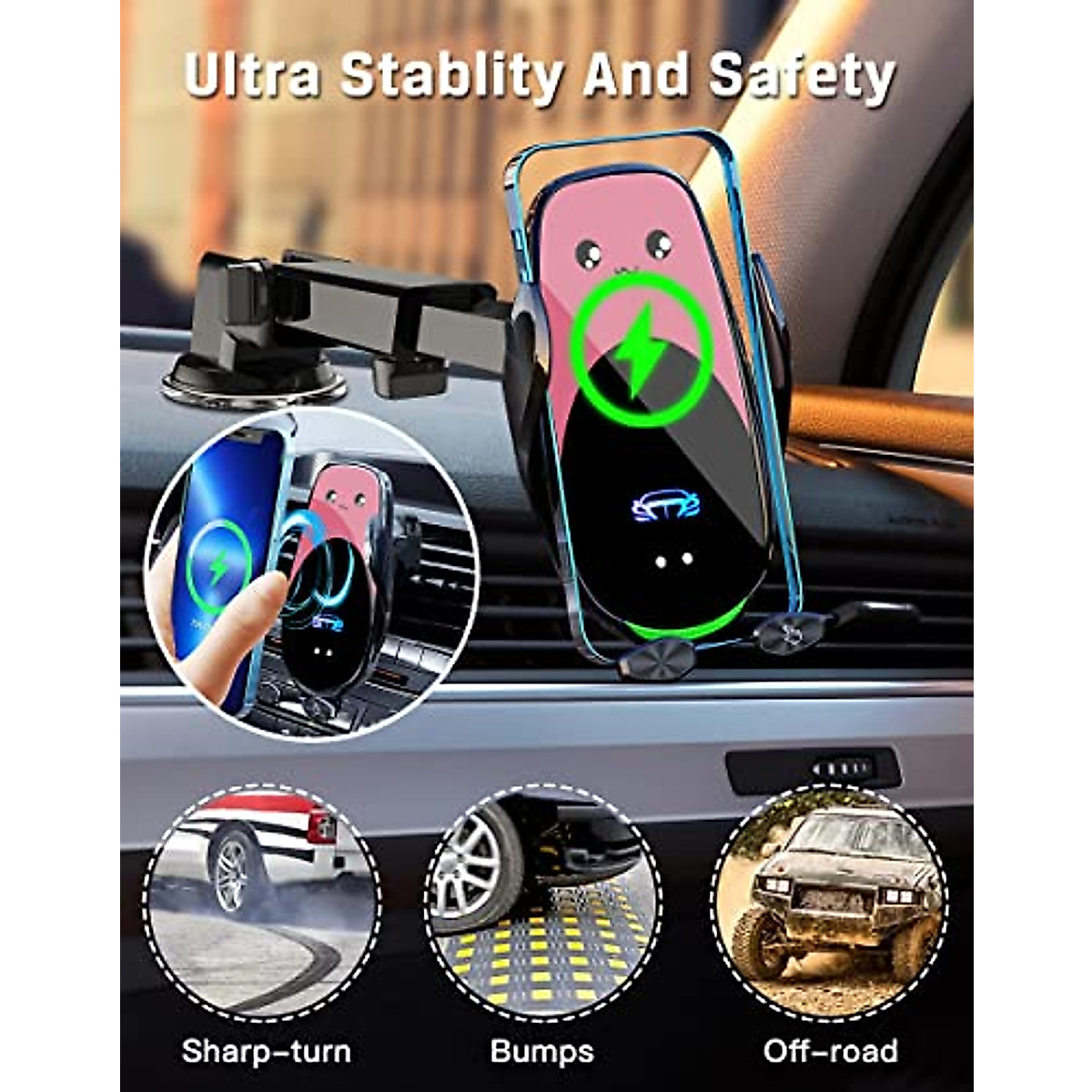 Wireless Car Charger Mount, 15W Qi Fast Charging Auto-Clamping Cell Phone Car Holder ​Air Vent Windshield (Pink)