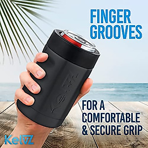KelvZ Can Cooler Insulated Beer & Soda Can Cooler with 2 Foam Sleeves - Stainless Steel Can Cooler for Cold Drinks, 12 Oz Can Cooler & Beer Can Holder - Fits Standard 12oz Cans & Bottles - Black