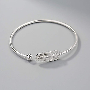 AILUOR 925 Silver Leaf Feather Bangle Bracelet Bohemian style Fashion Charms Bracelets Jewelry Cuff Women Adjustable (Silver)