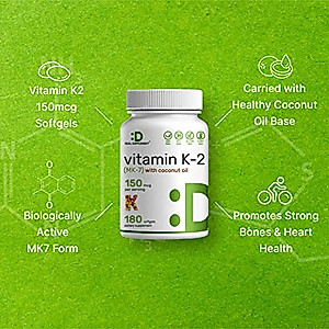Vitamin K2 MK-7 with Virgin Coconut Oil, 180 Softgels - Vitamin K2 as Menaquinone-7 150 mcg | Advanced Vitamin K Supplement - Promotes Bone Health, Non-GMO, No Gluten
