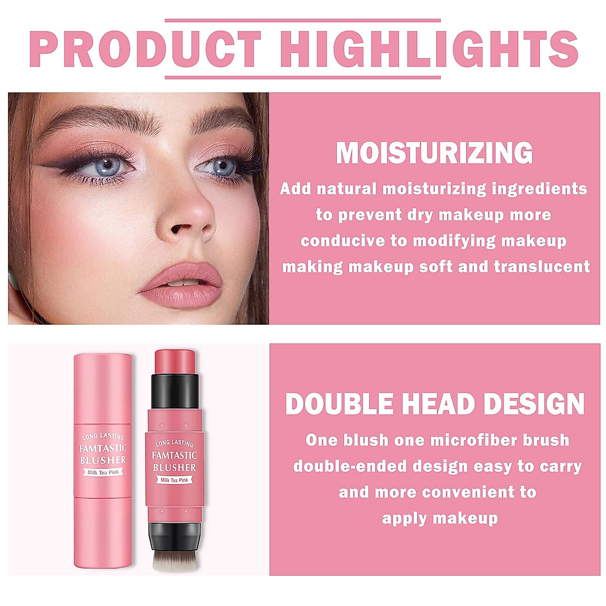 Cream Blush Stick with Brush,Waterproof Blush Makeup,Long Lasting 3 In 1 Cheek Blush & Lip Tint & Eye Shadow Makeup Stick,Easy To Use Blends Effortlessly,Cream Blush Makeup for All Skin Tones - Cherry Pink