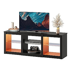 WLIVE TV Stand with LED Lights for TVs up to 65 inch, Entertainment Center with Glass Shelves, Modern TV Console for Living Room, Media Console with Storage, Black