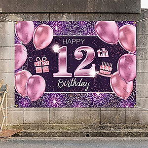 PAKBOOM Happy 12th Birthday Banner Backdrop - 12 Birthday Party Decorations Supplies for Girl - Pink Purple Gold 4 x 6ft