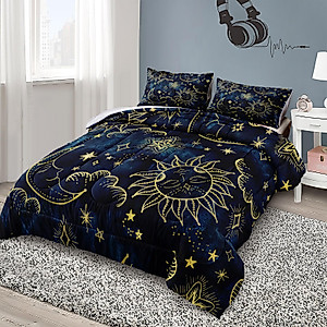 Merryword Sun and Moon Comforter Set Queen Size Blue Gold Bedding Comforter Blue Universe Galaxy Sun Moon Pattern Bohemian Gothic Comforter Set for Kids Boys Teens