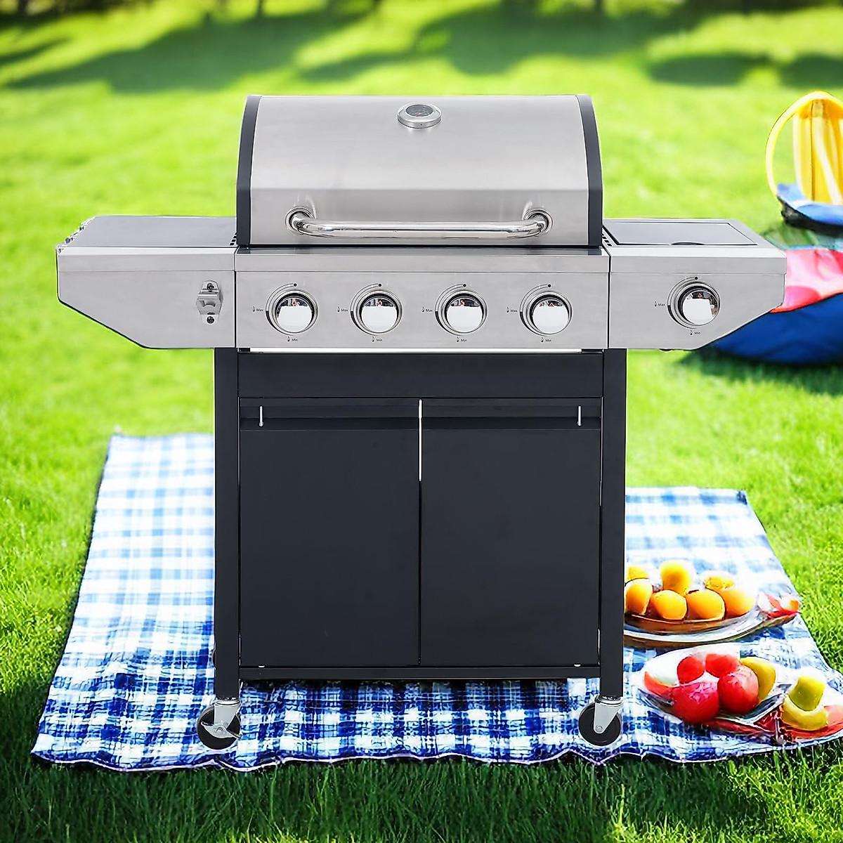 4-Burners Propane Gas BBQ Grill with Side Burner and Thermometer, Cart Style Outdoor Stainless Steel Cooking Barbecue Propane Grill for Backyard Barbecue Camping