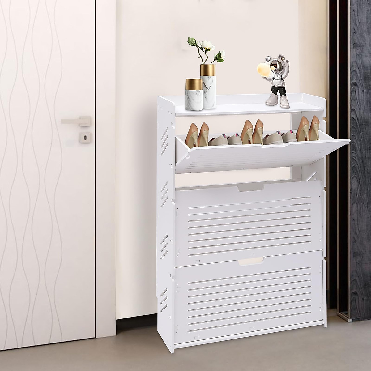LUOSHALIYA Shoe Storage Cabinet, 3-Layer Shoe Organizer 19.29(L) x6.69(W) x42.91(H) inches, White Tipping Shoe Cabinet for Entryway, Living Room, Bedroom