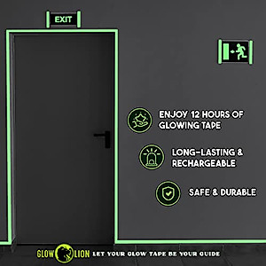 Glow Lion Glow in The Dark Tape Outdoor & Indoor for Safety, Decals & Decorations — 30' x 1'' roll of Vinyl Green Fluorescent Adhesive Tape, Waterproof & photoluminescent, Sticks to Walls & Stairs