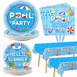 98 Pieces Pool Party Decorations Summer Beach Birthday Party Tablecloths Pool Surfboard Party Tableware Sets for Hawaiian Birthday Baby Shower Party Supplies Favors
